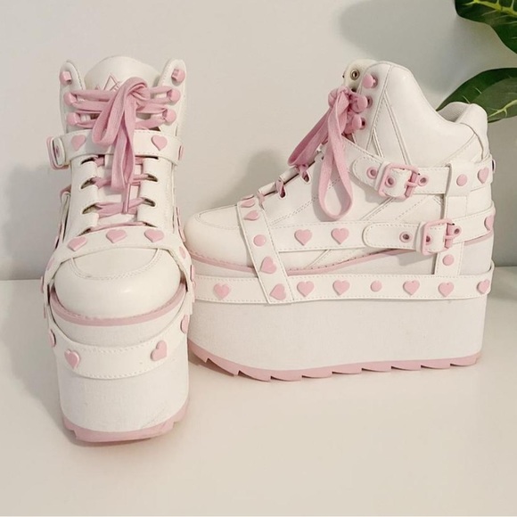 YRU | Shoes | Yru Dolls Kill Pink And White Heart Footwear | Poshmark